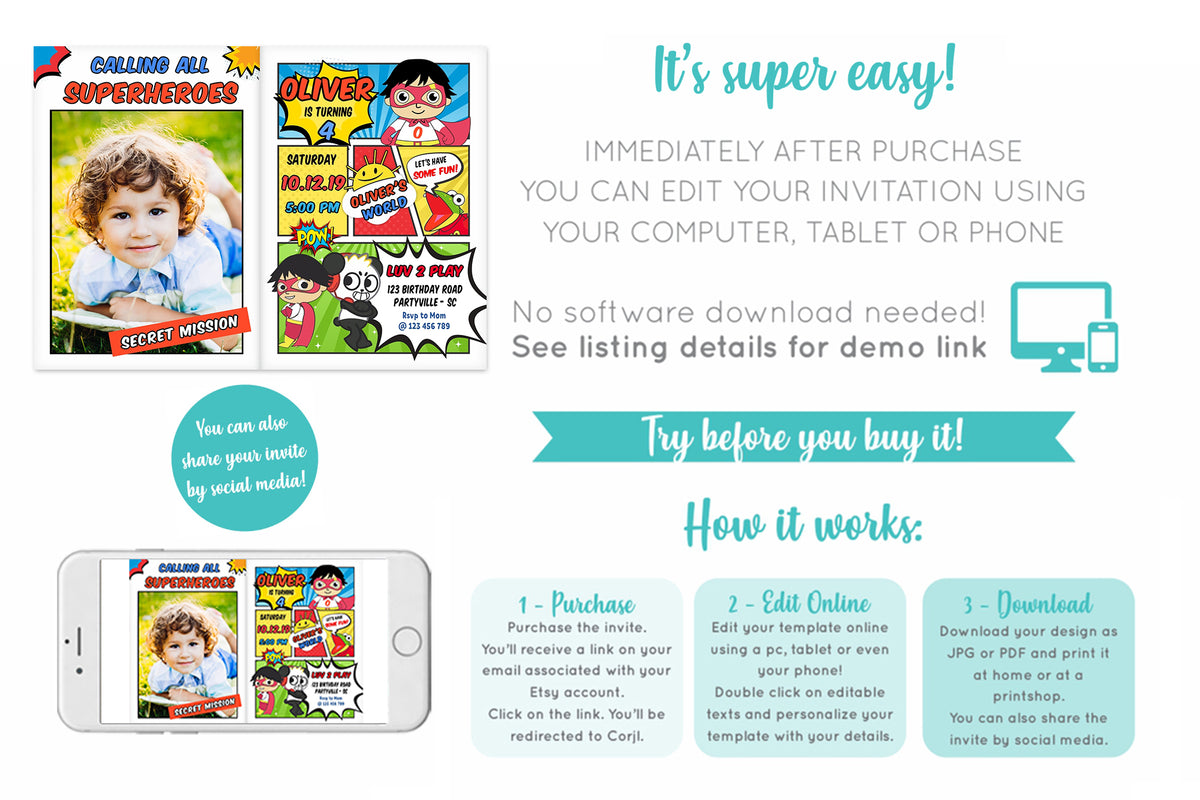 Ryan's World Birthday Invitation with Photo – Easy Inviting